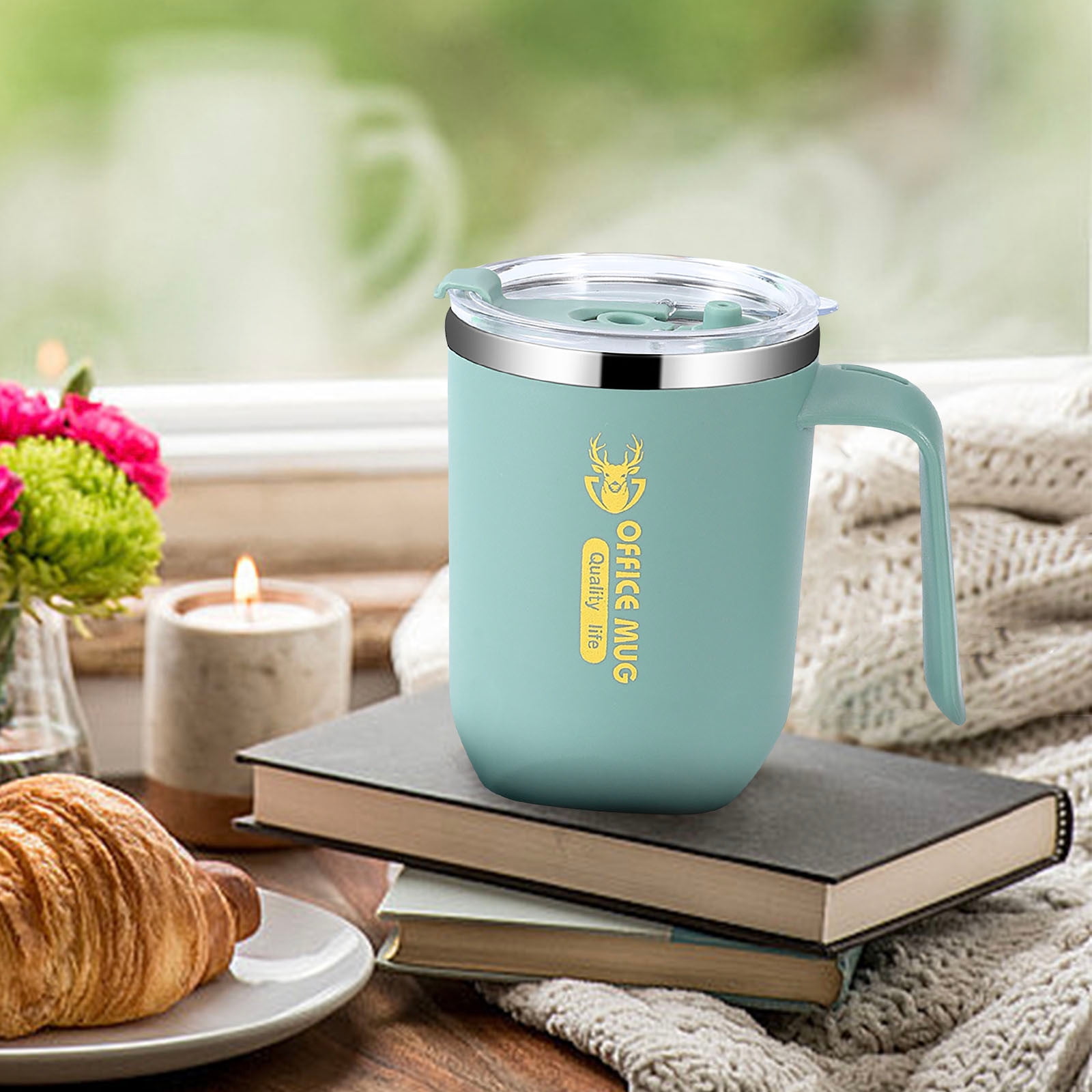 Insulated Coffee Mug with Handle and Lid,Double Wall Stainless Steel ...