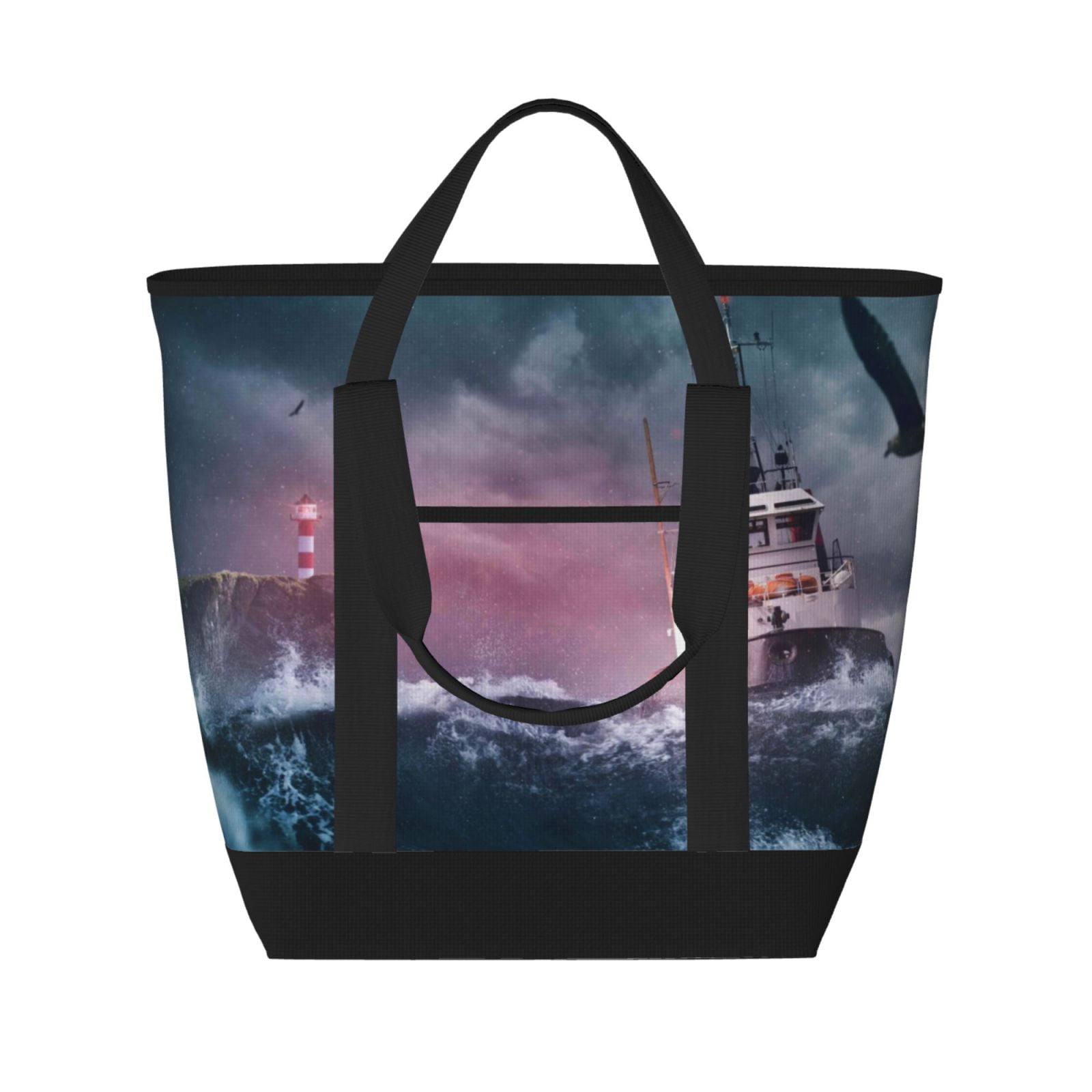 Insulated Cooler Bag - Boat Lighthouse Storm Waves Large Freezer Cooler ...