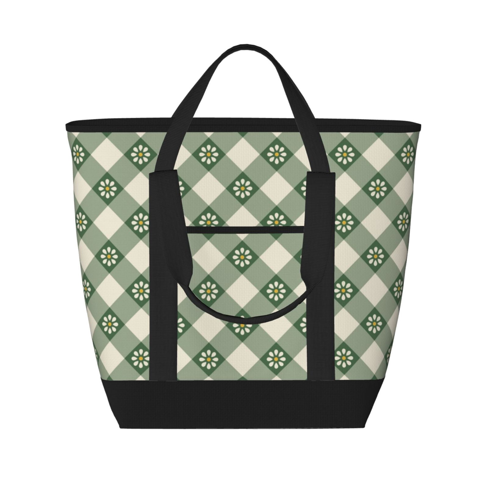 Insulated Cooler Bag, Daisy plaid green Large Freezer Cooler Tote Bags ...