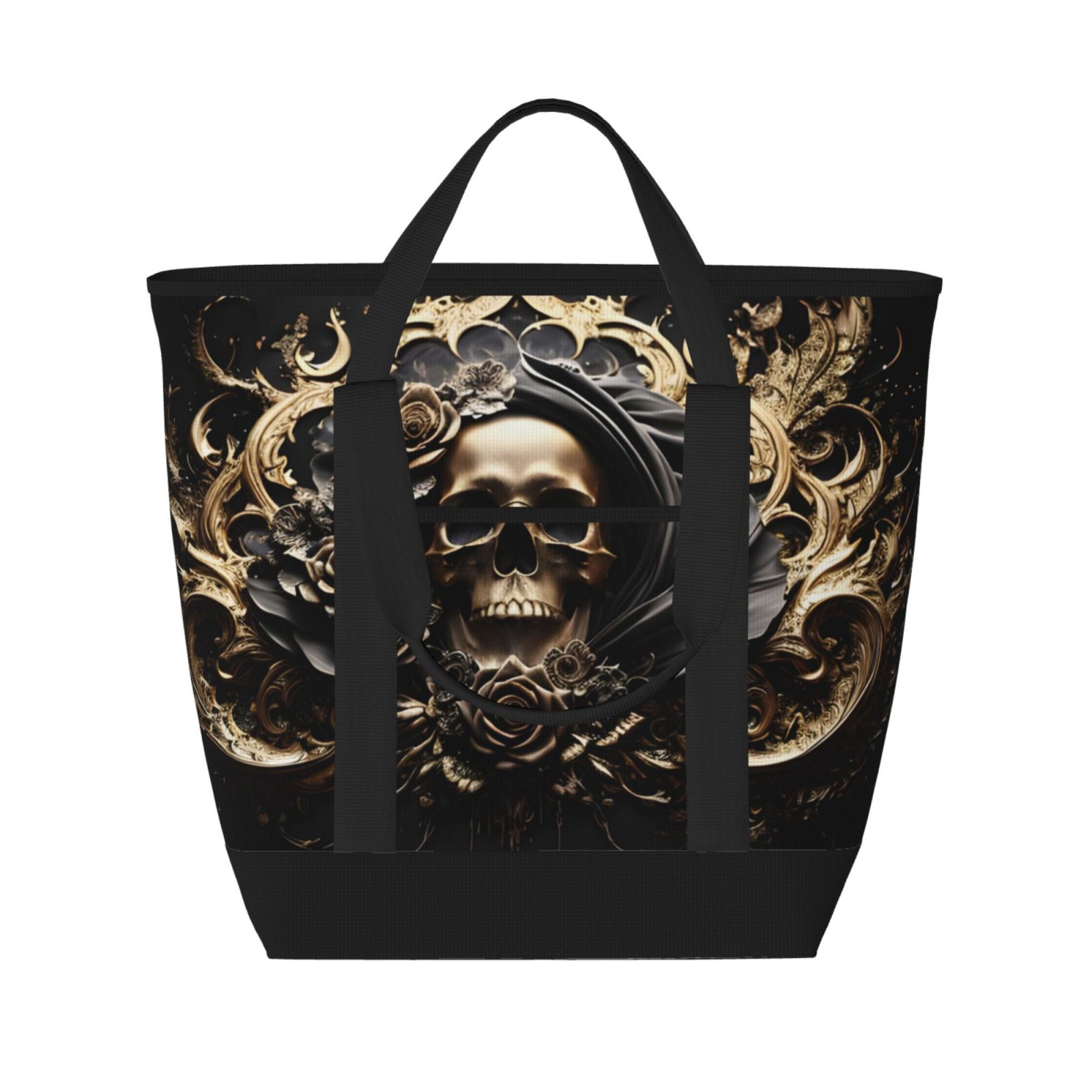 Insulated Cooler Bag - Gold Rose Skull Large Freezer Cooler Tote Bags ...