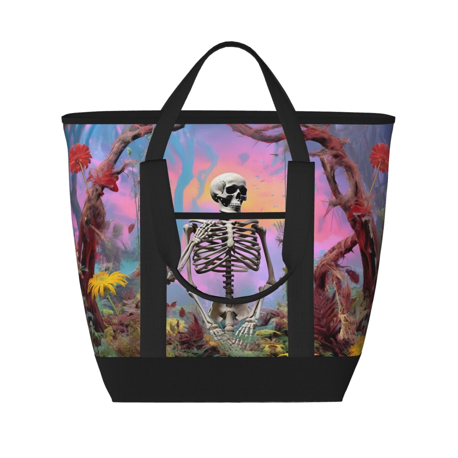 Insulated Cooler Bag, Pink Sky Sunflower Skull Large Freezer Cooler ...
