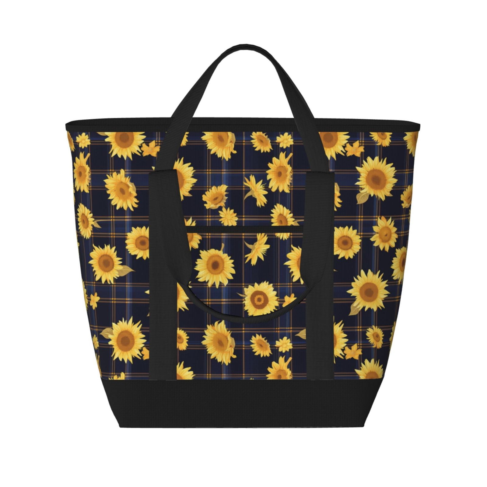 Insulated Cooler Bag, Royal Blue Plaid Sunflower Large Freezer Cooler ...