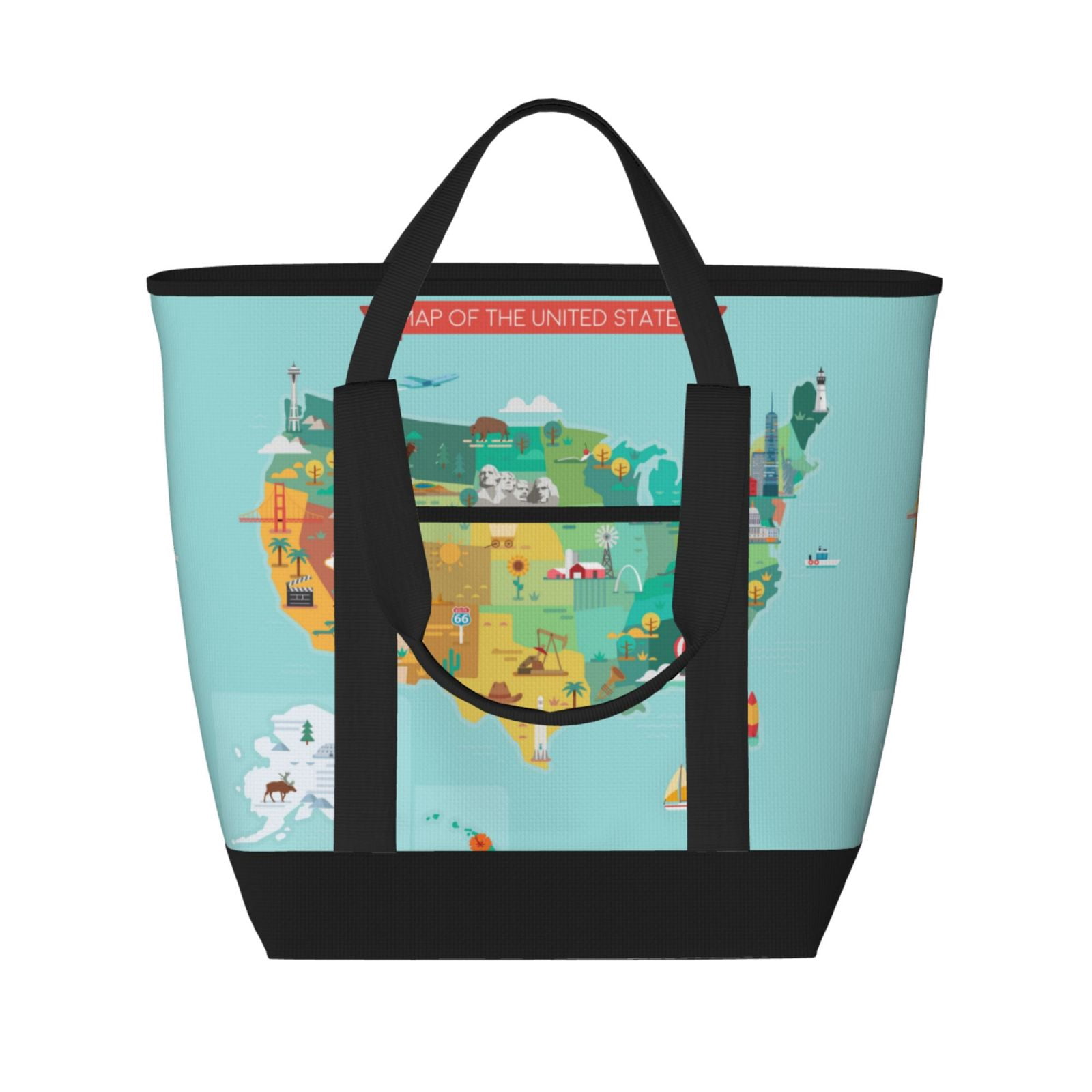 Insulated Cooler Bag USA Tourist Map Famous Landmarks Large Cooler Tote ...