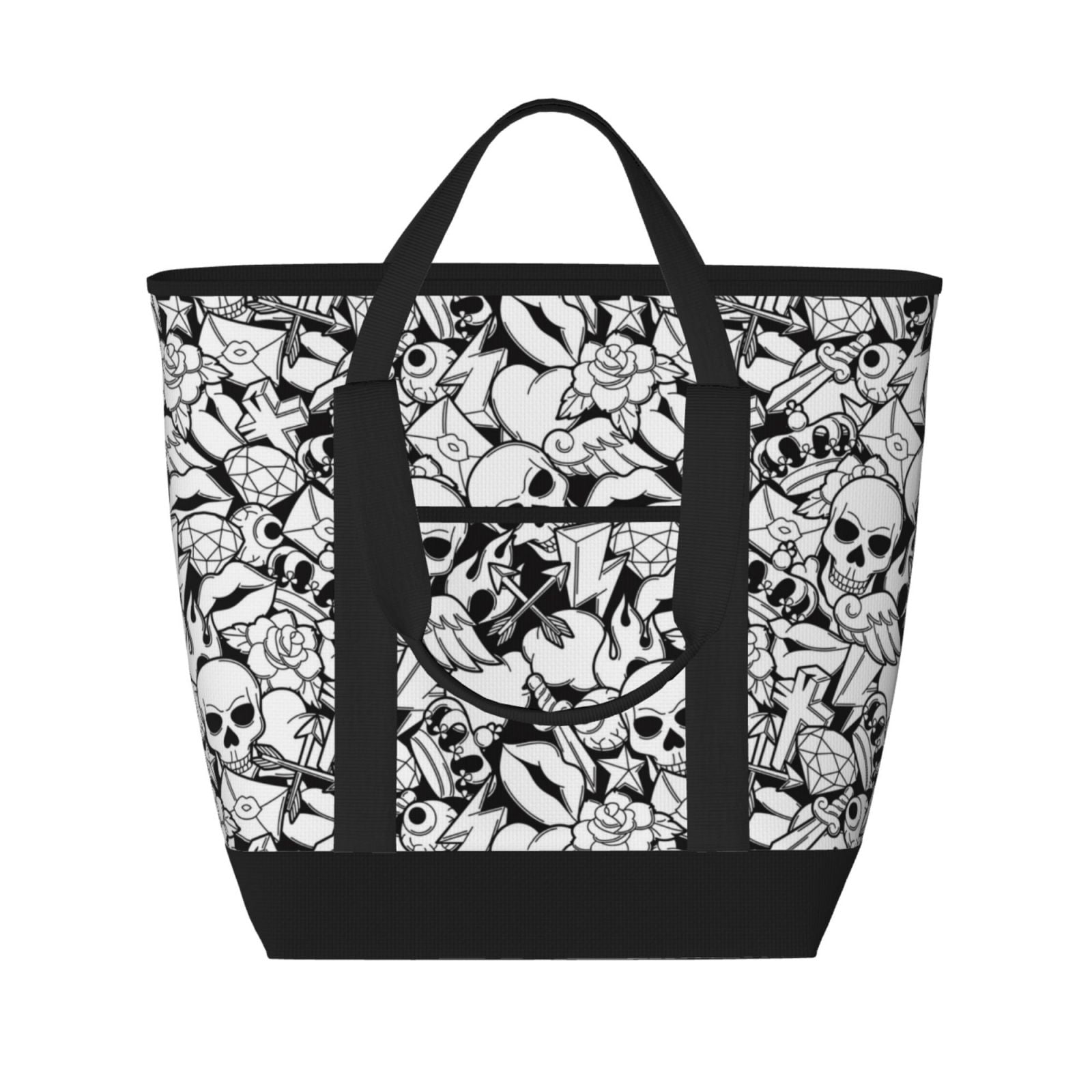 Insulated Cooler Bag, black white skull Large Freezer Cooler Tote Bags ...