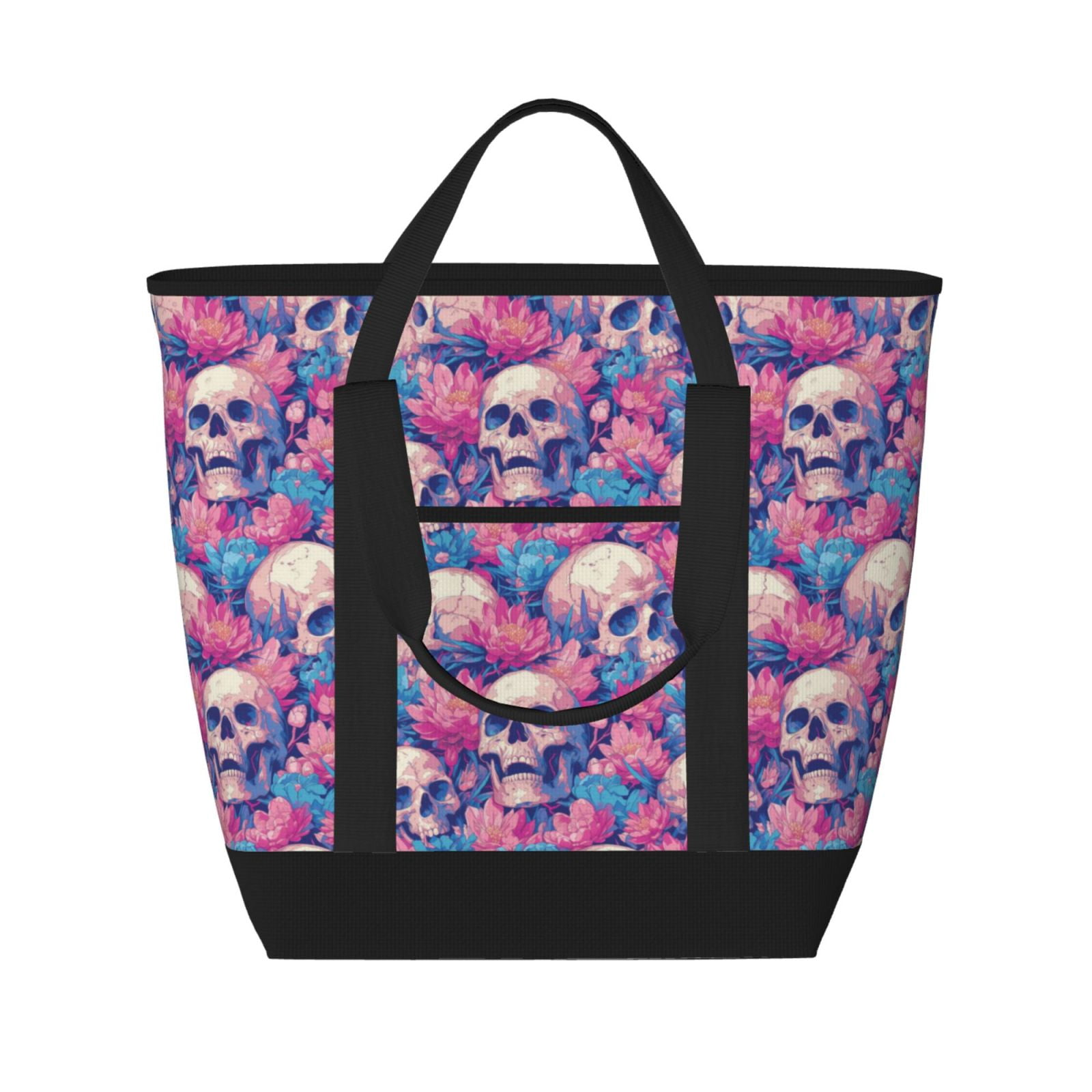Insulated Cooler Bag - white Skull blue flower Large Freezer Cooler ...