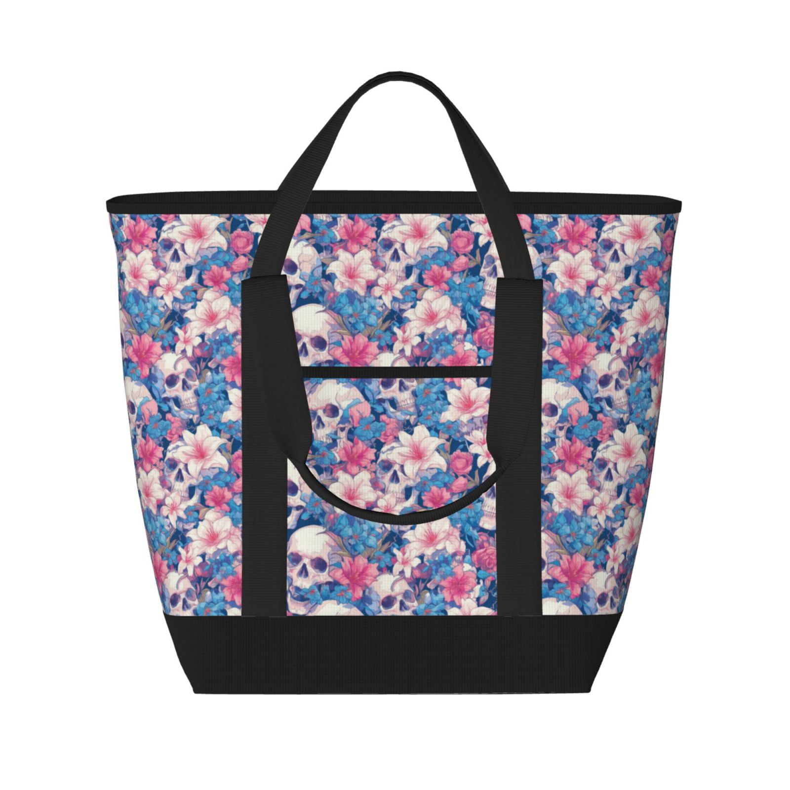 Insulated Cooler Bag - white flower Skull blue Large Freezer Cooler ...