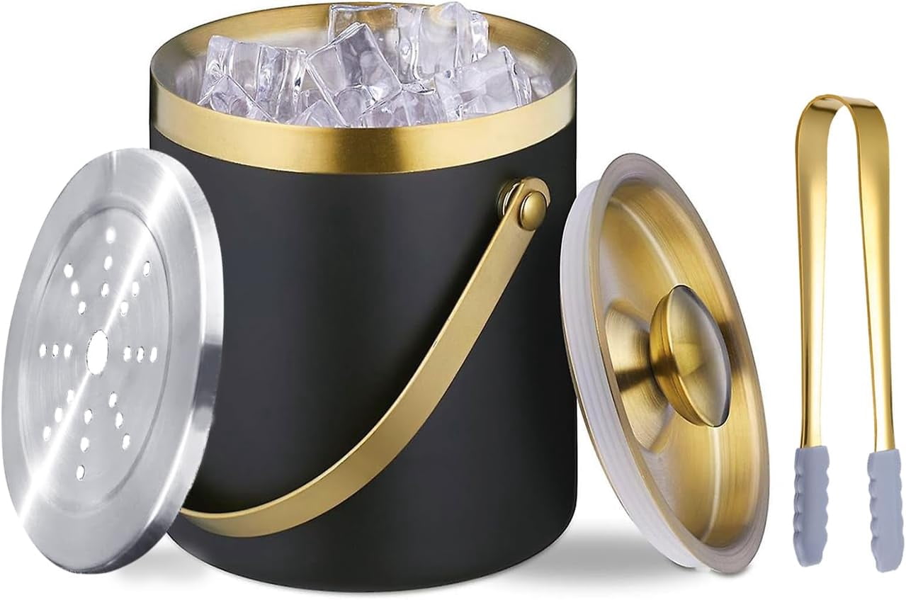 Insulated Ice Bucket with Lid, Handle and Tong Black Gold Stainless ...