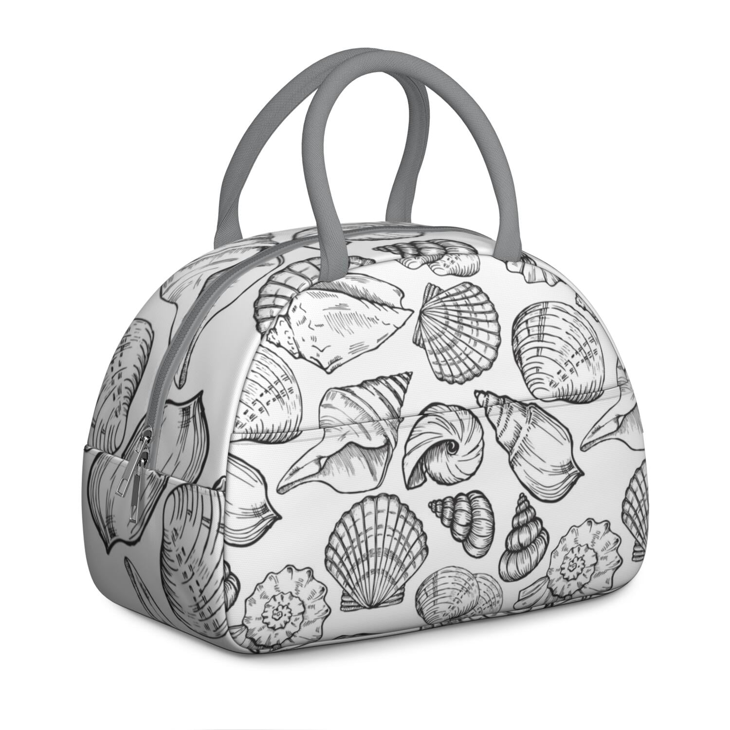 Insulated Lunch Bag Women, Reusable Sea Shells Black and White Beach ...