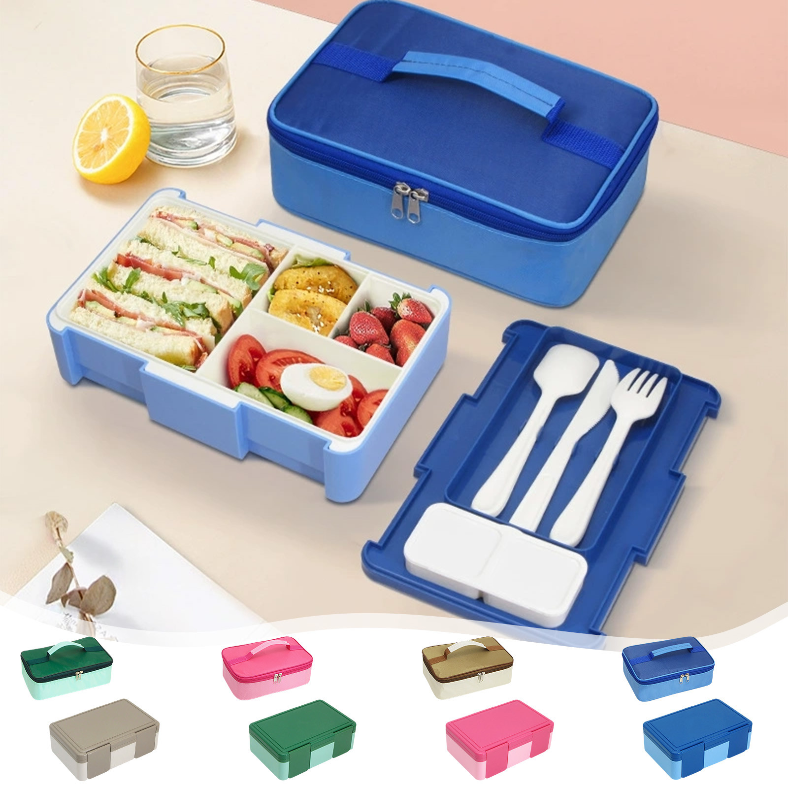 Insulated Lunch Box with 4 Compartments, 2-pack Set in Pink Blue Khaki ...