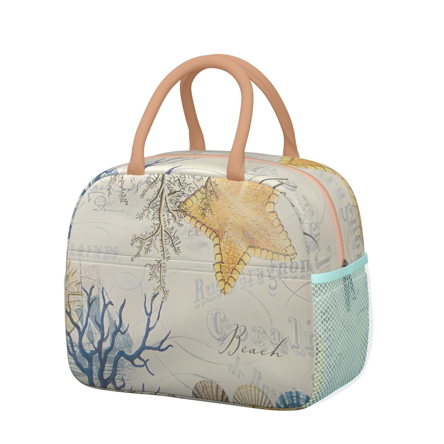 Insulated Lunch Tote with Starfish & Seashells Print - Waterproof ...