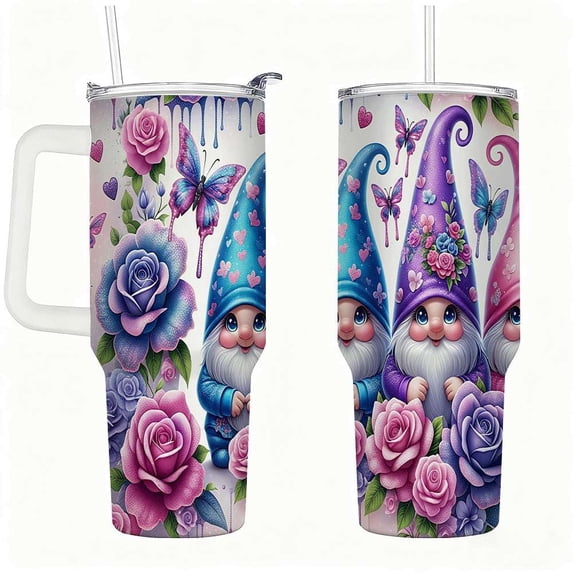 Insulated Tumbler with Handle, Cute Gnome & Butterfly Floral Design ...