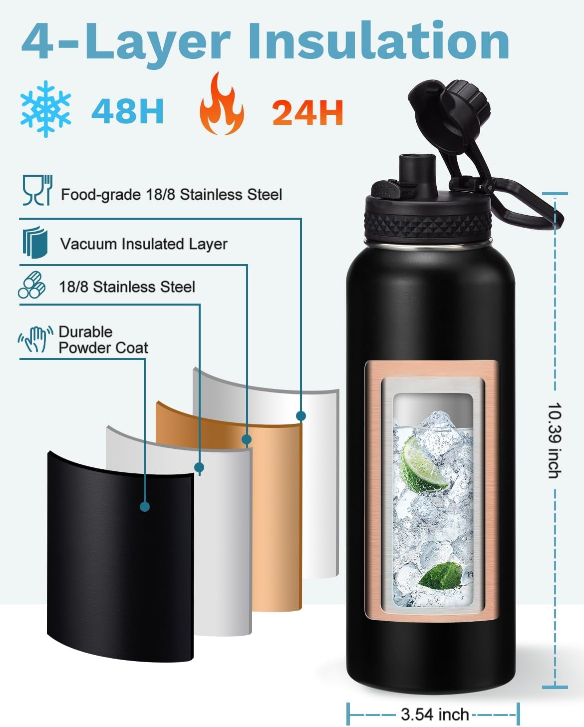 Insulated Water Bottle 40 oz - Keep Cold 48H & Hot-24H, Metal Water ...