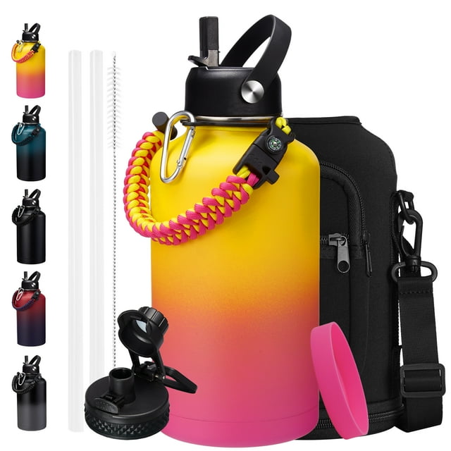 Insulated Water Bottle 64oz with Straw - Pop-up Spout Lid, Carrying ...