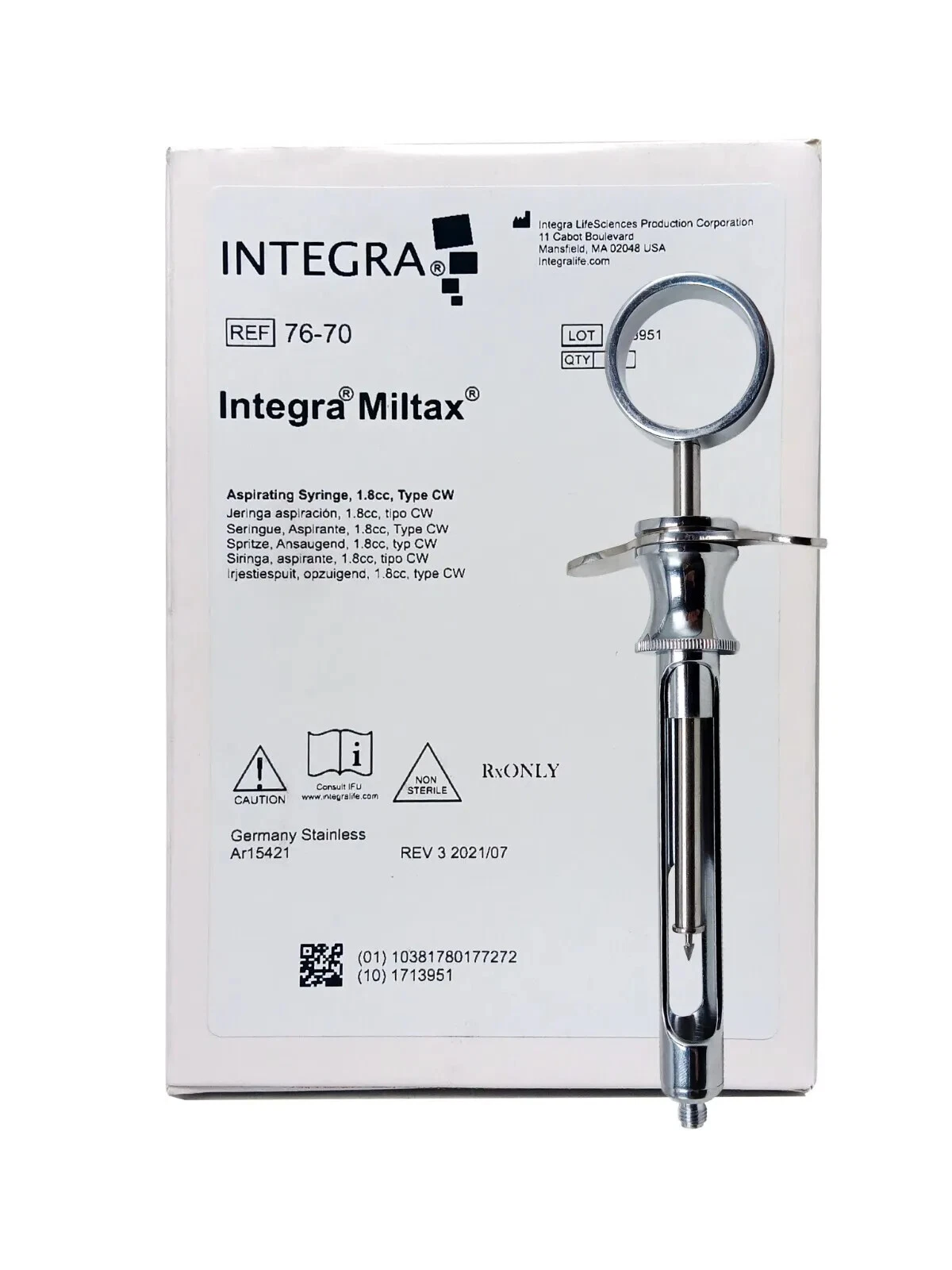 Integra Miltex CW Style Aspirating Syringe 1.8cc Stainless Steel Dental ...