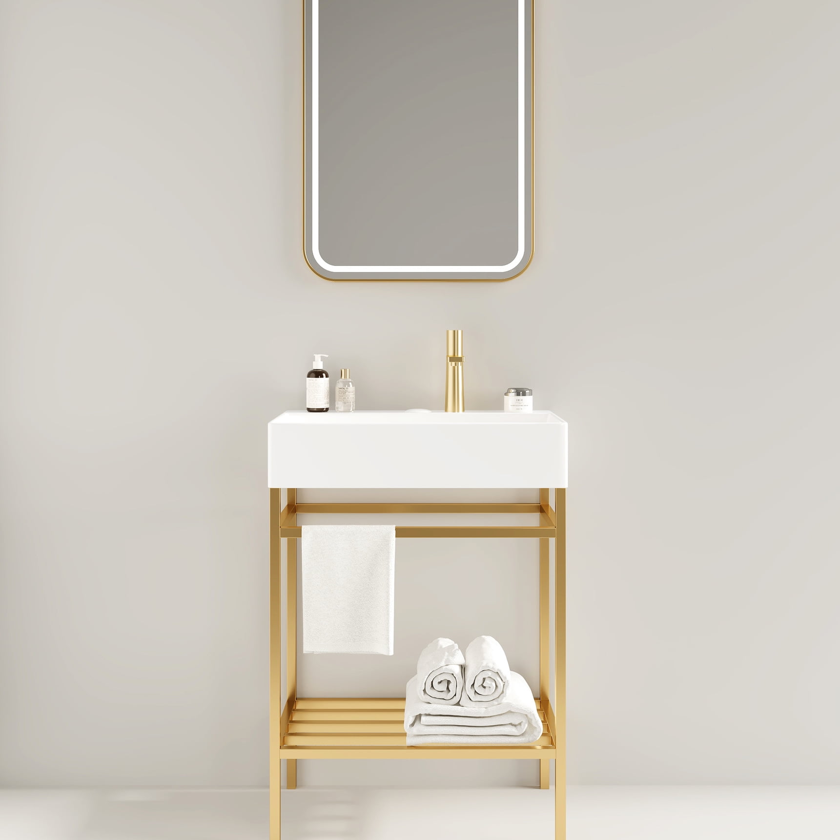 Integrated Ceramic Basin Vanity+Gold Storage Shelf"-"Modern Bathroom ...