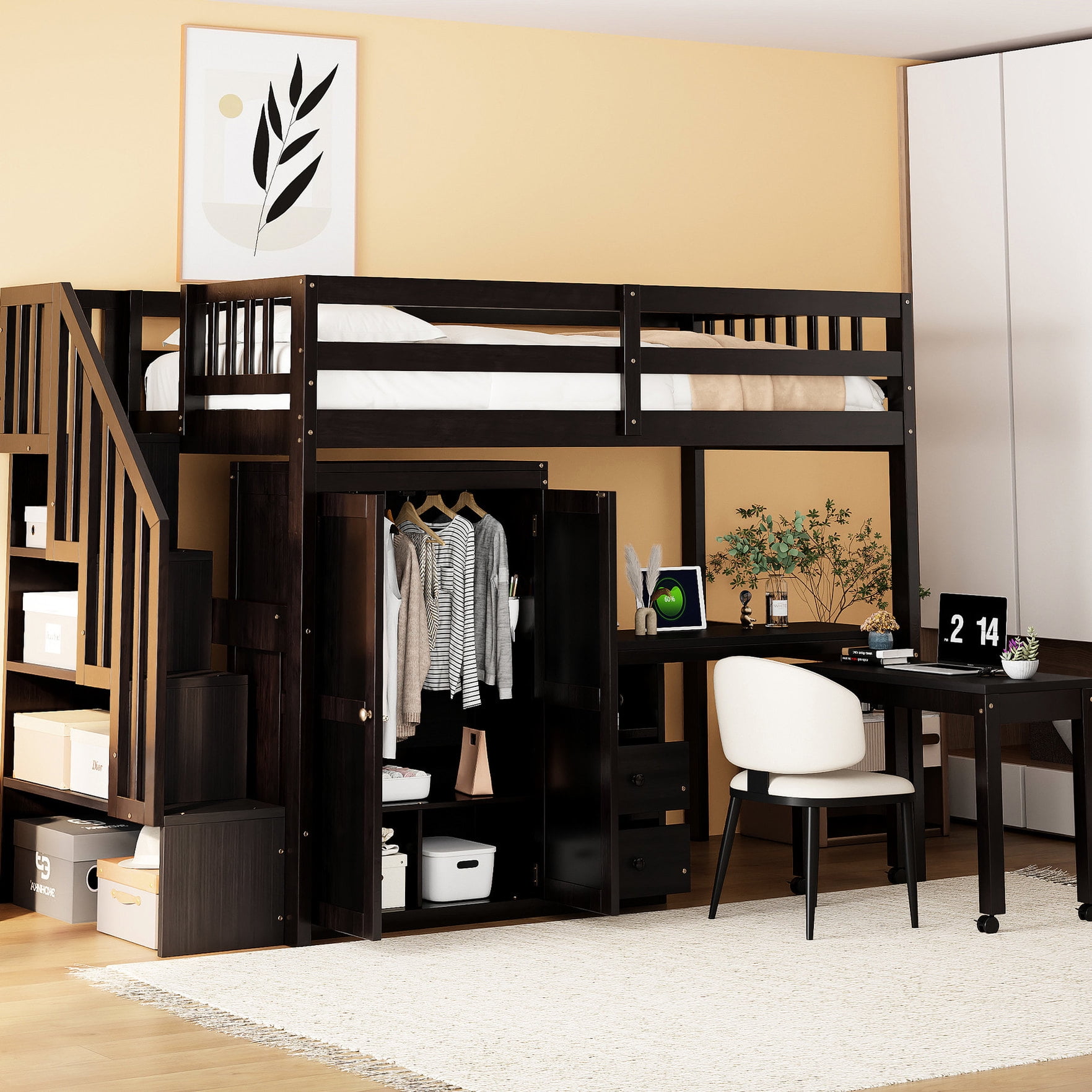 Integrated Desk and Drawers - Espresso Twin Loft Bed for Efficient ...