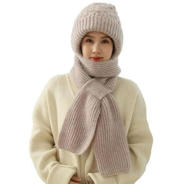 Winter Women Knitted Hood Hat Scarf Cap with Drawstring and Inner Plush ...