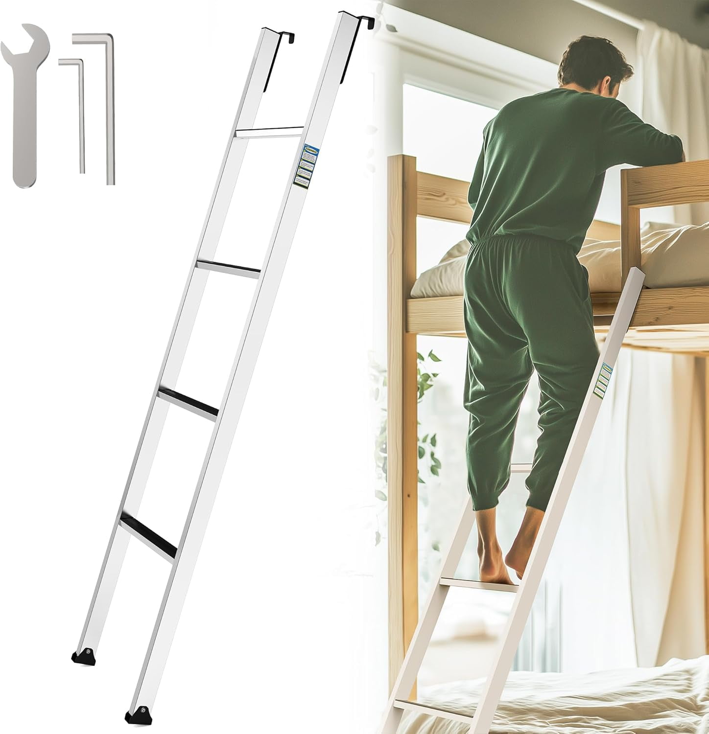 Integrated Step Ladder with 57"-61" Height Range, Bunk Ladder with 1.2 ...