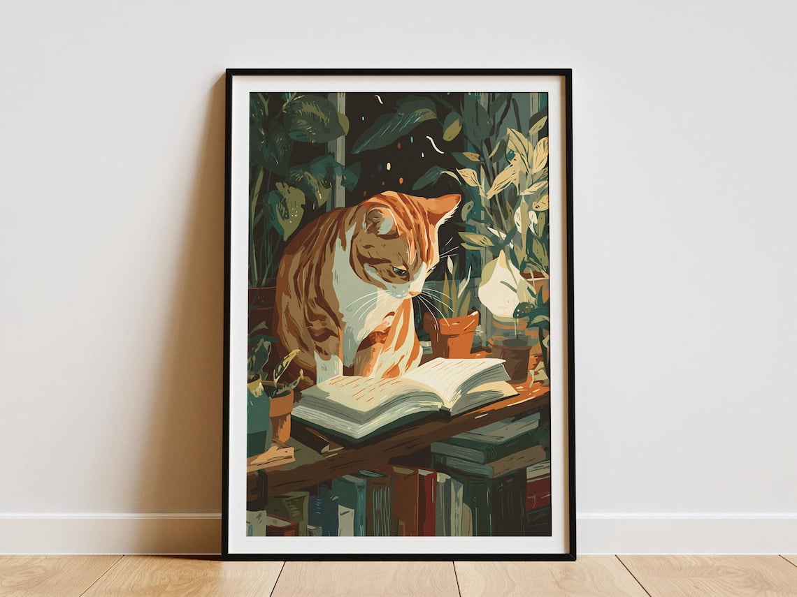 Intellectual Cat Reading a Book at Night Cozy Home Decor Wall Art ...