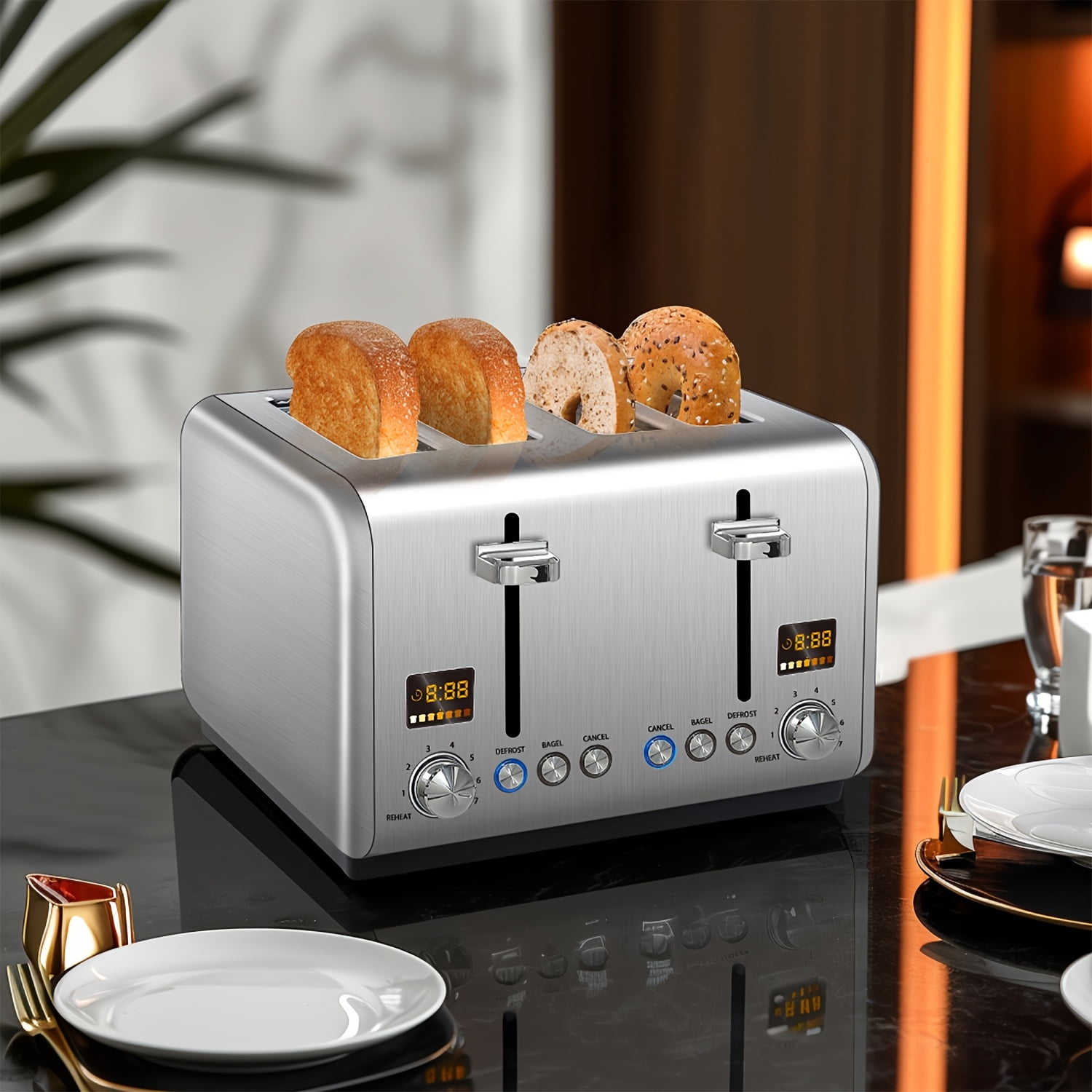 Intelligent 4-Slice Dual-Control Touch Screen Toaster, 7 Shade Settings ...