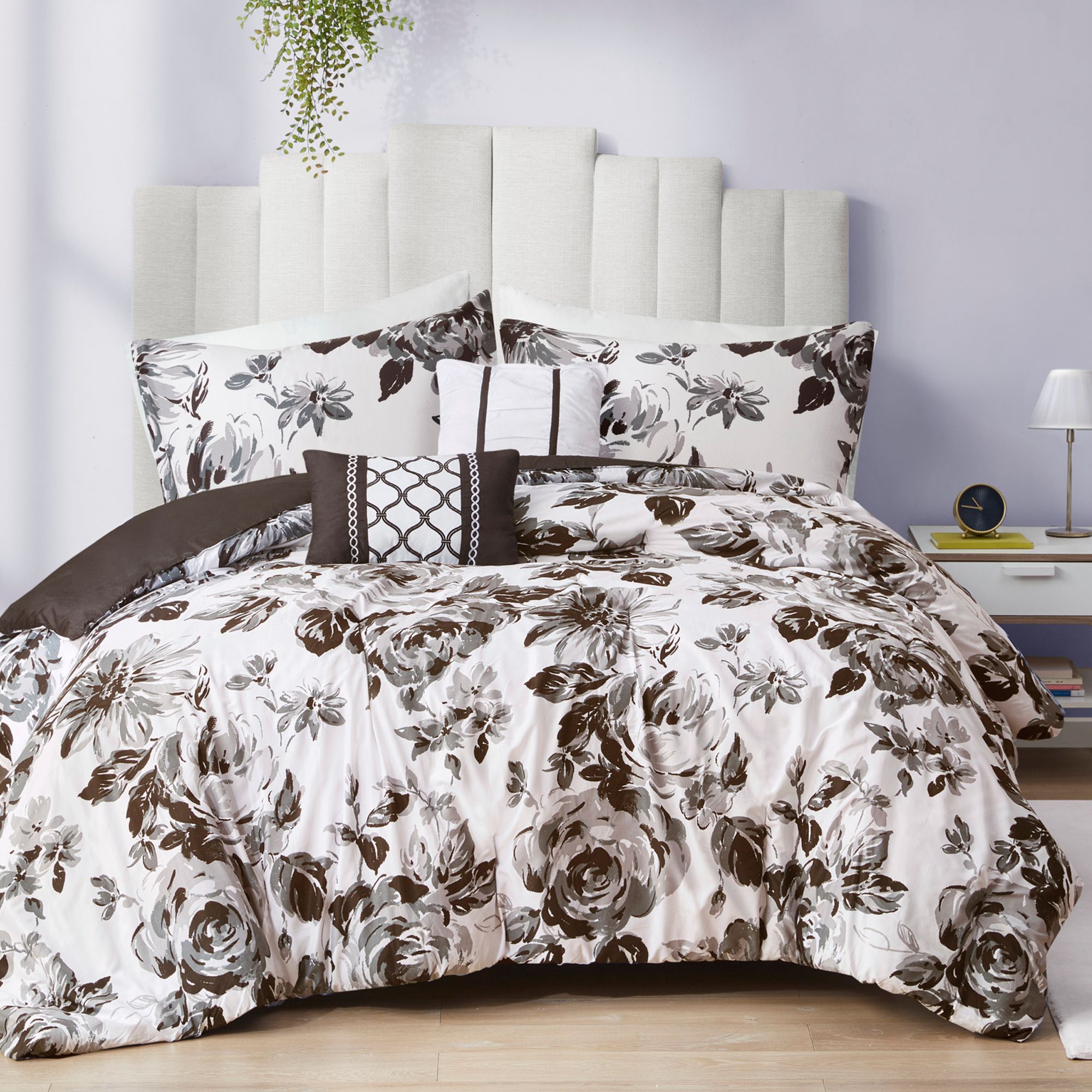 Btargot 6PCS Floral Comforter Set Queen Purple Flower Bedding Set Adult ...