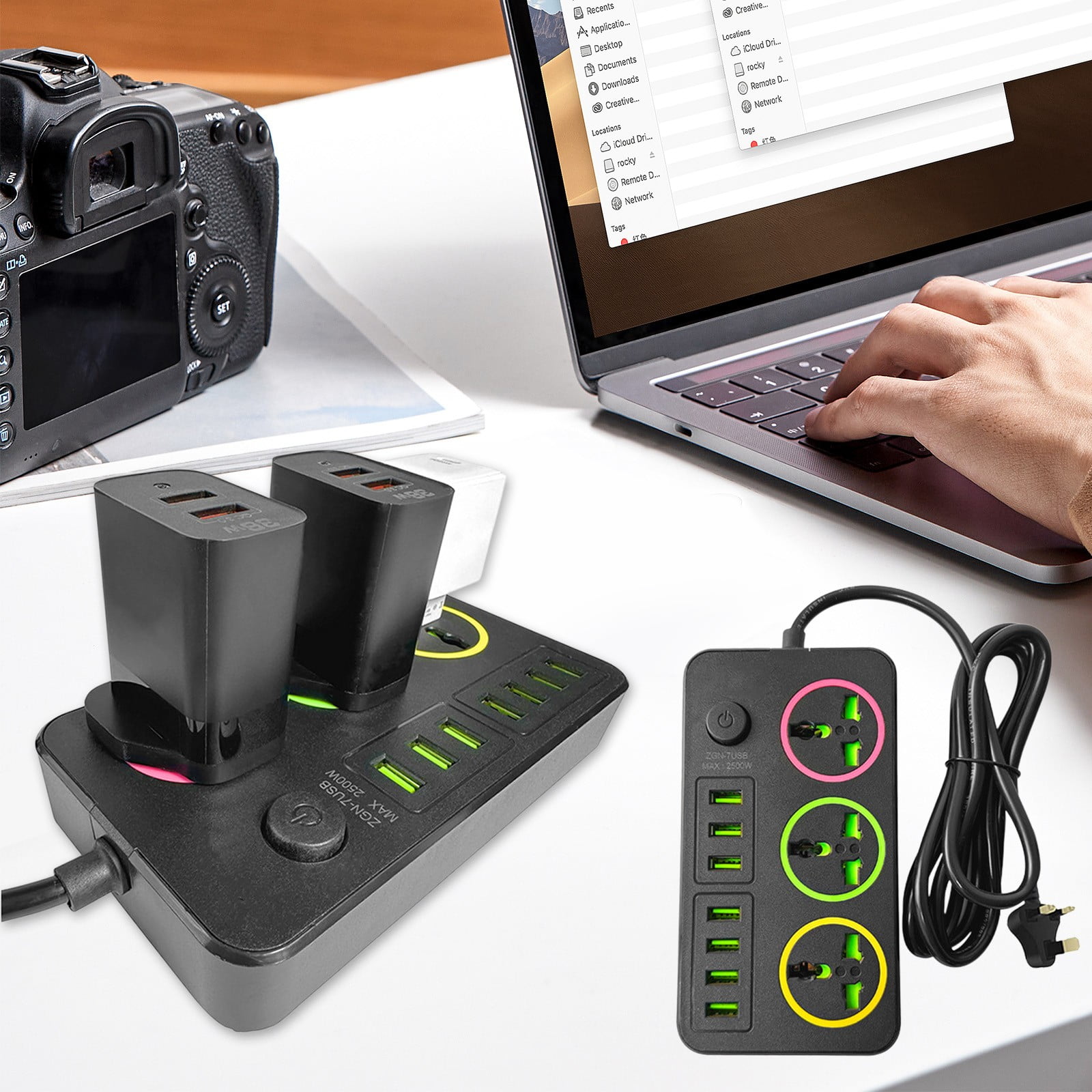 Intelligent Power Strip with 2 Meter Long Cord, 7 USB Ports, and 3 ...