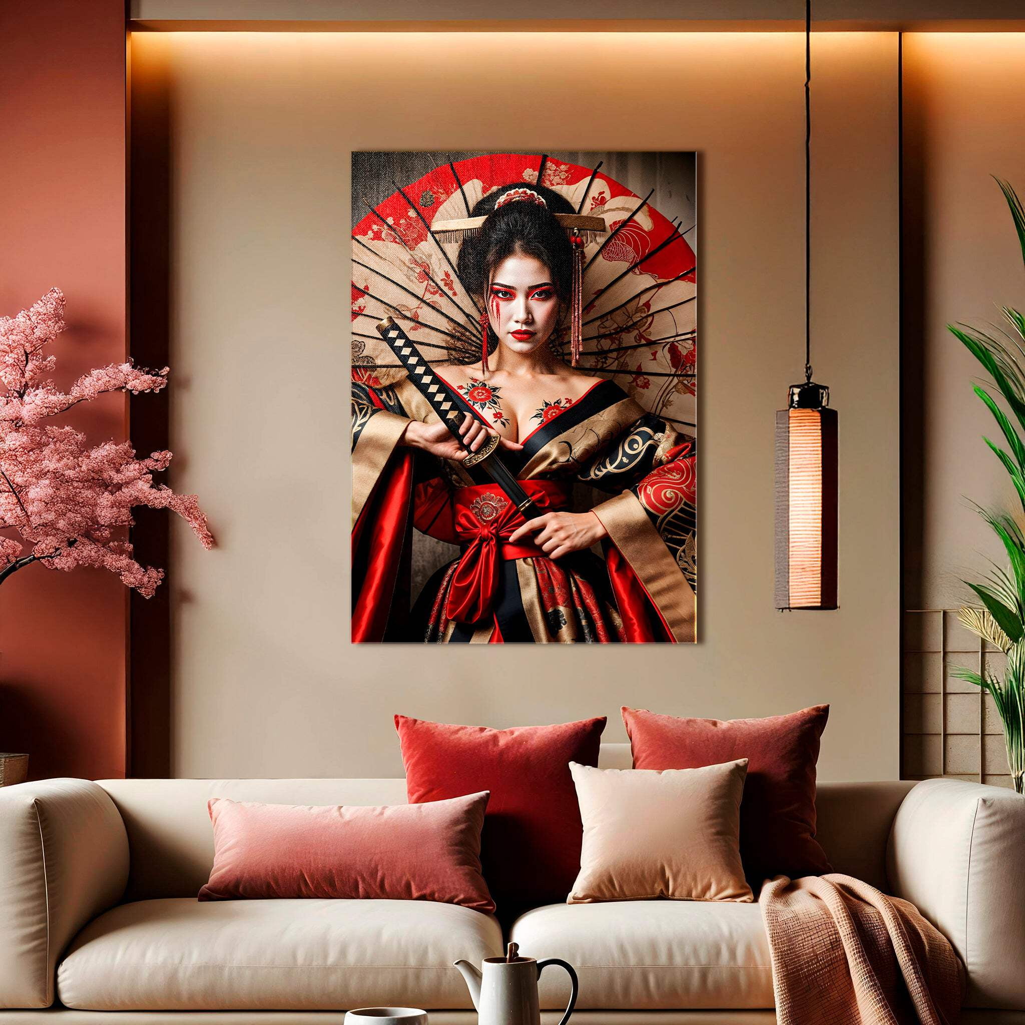 Intense Bloom Warrior Geisha with Katana and Umbrella Canvas Print ...