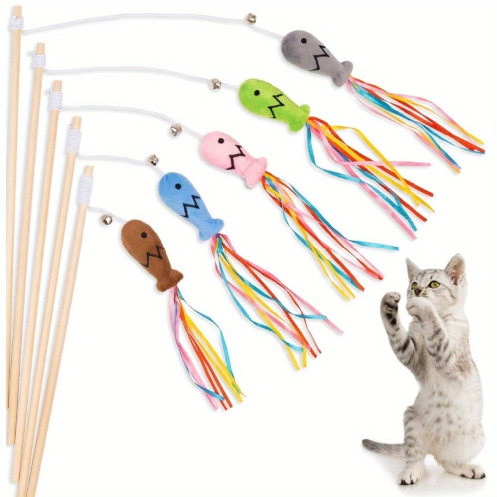 Interactive Cat Play Set 5-Pack: Kitten Teaser Wands with Feathers ...
