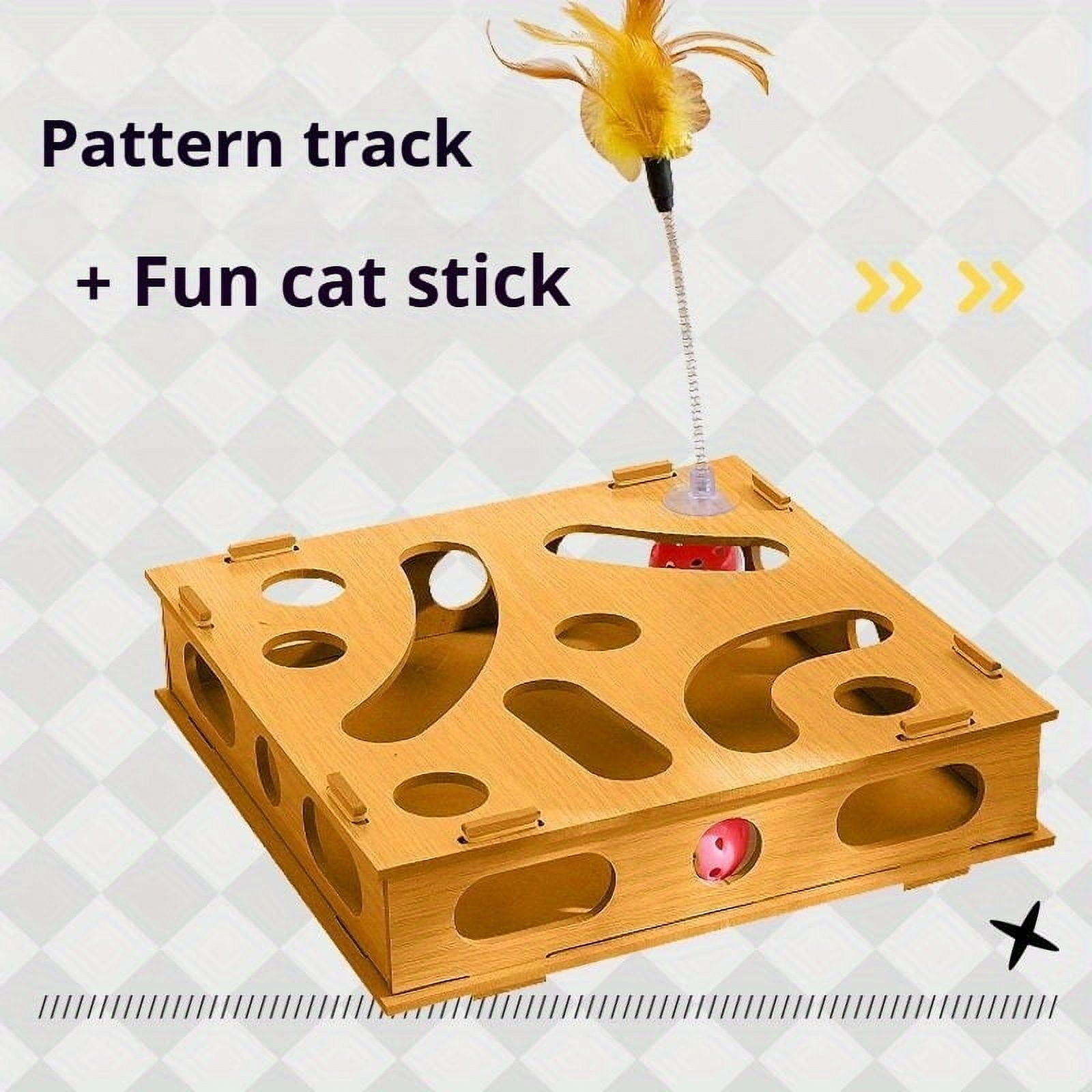 Interactive Cat Puzzle Toy with Teaser Feather Wand, Wooden Cat Track ...