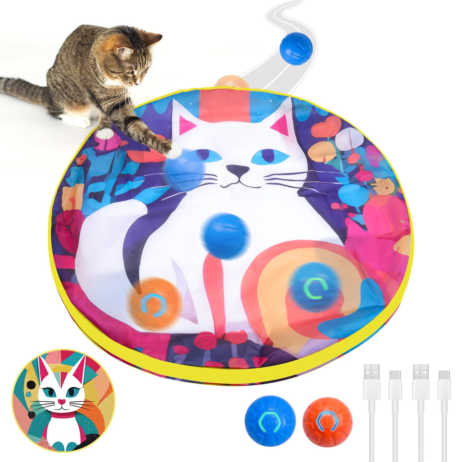 Interactive Cat Toys With 2 Fast Rolling Ball In Mat, Chirping & Motion ...
