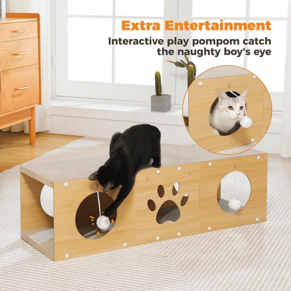 Interactive Cat Tunnel & Scratching Board with Pom Poms - Multi-Hole ...
