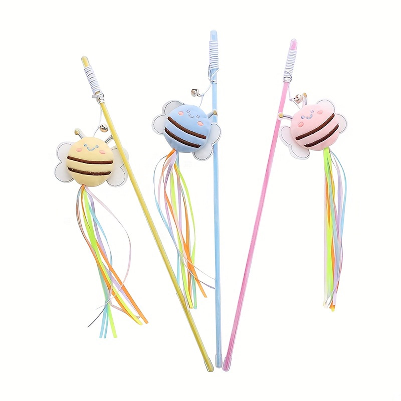Interactive Cat Wand Toy Set with Cute Bee Plush and Colorful Ribbons ...