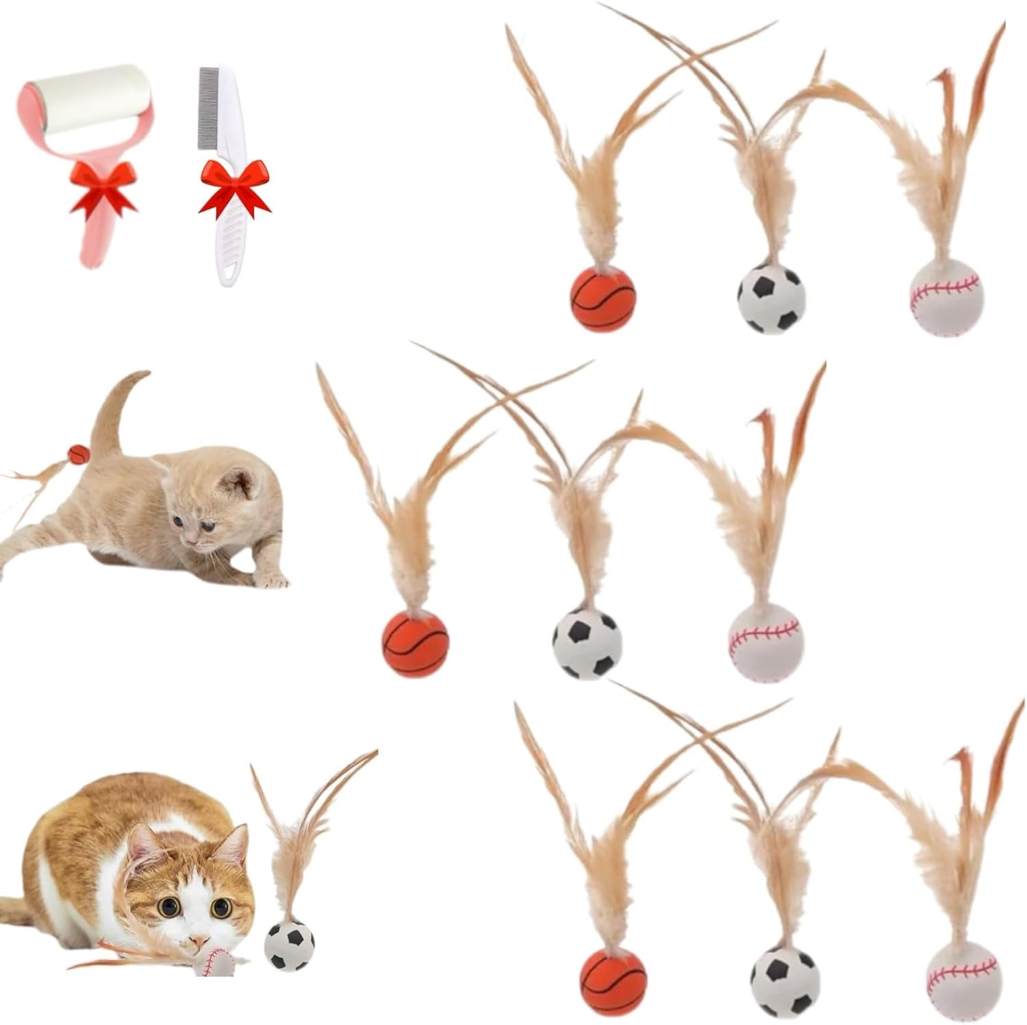 Interactive Feather Ball Toy Set for Cats, Bouncy Tails Cat Toys, Cat ...