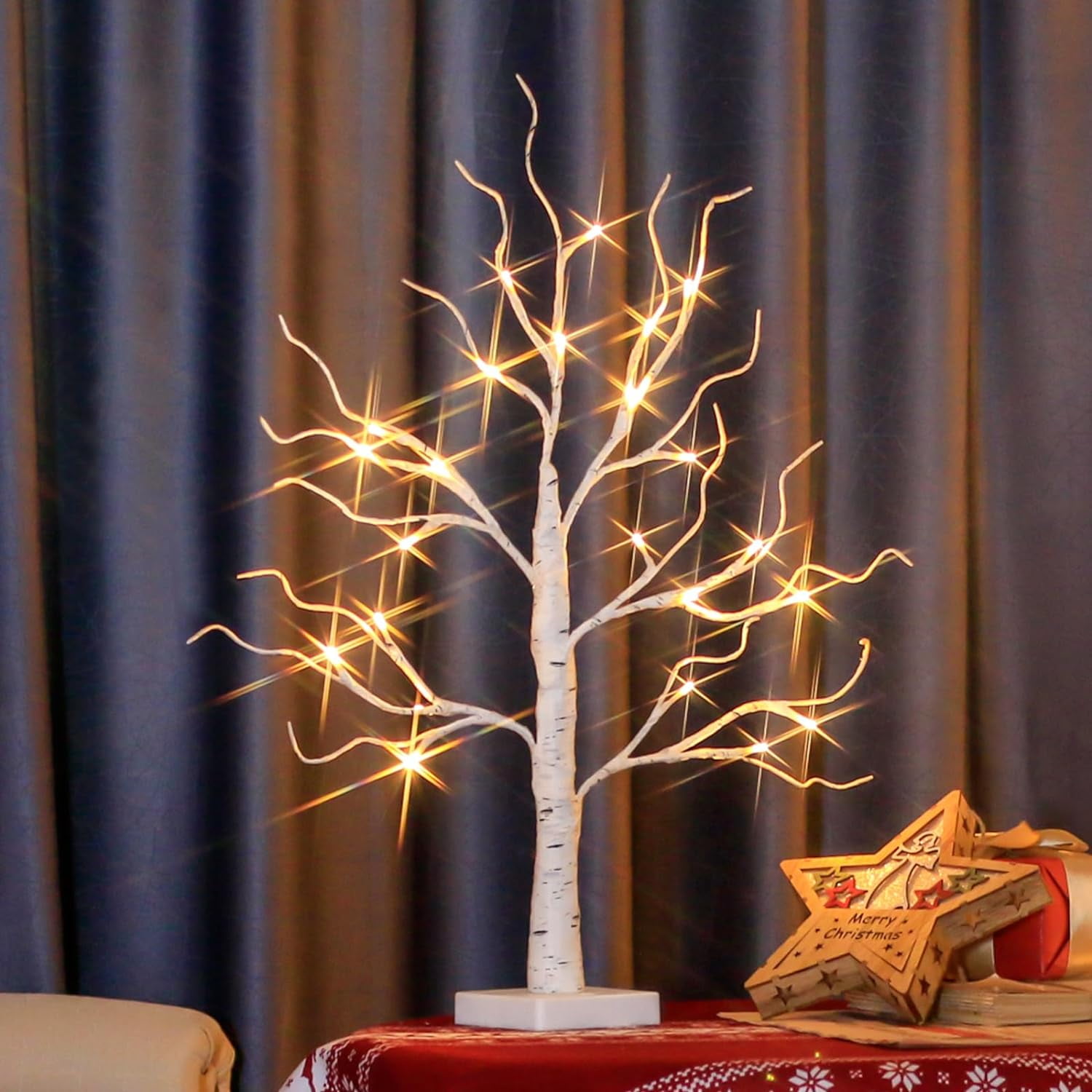 InTrans 2Ft Tabletop Birch Christmas Tree, Warm White LED Lights ...