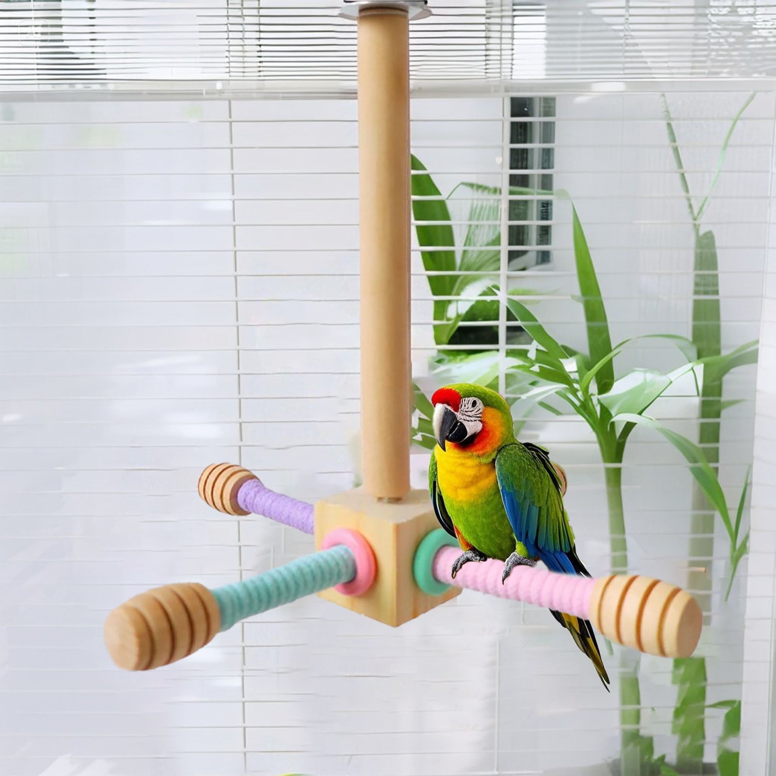 Interactive Parrot Toy Wooden Bird Cage Accessories 360° Rotating Stand ...