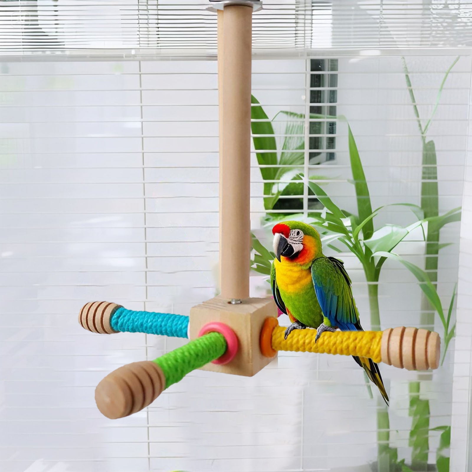 Interactive Parrot Toy Wooden Bird Cage Accessories 360° Rotating Stand ...