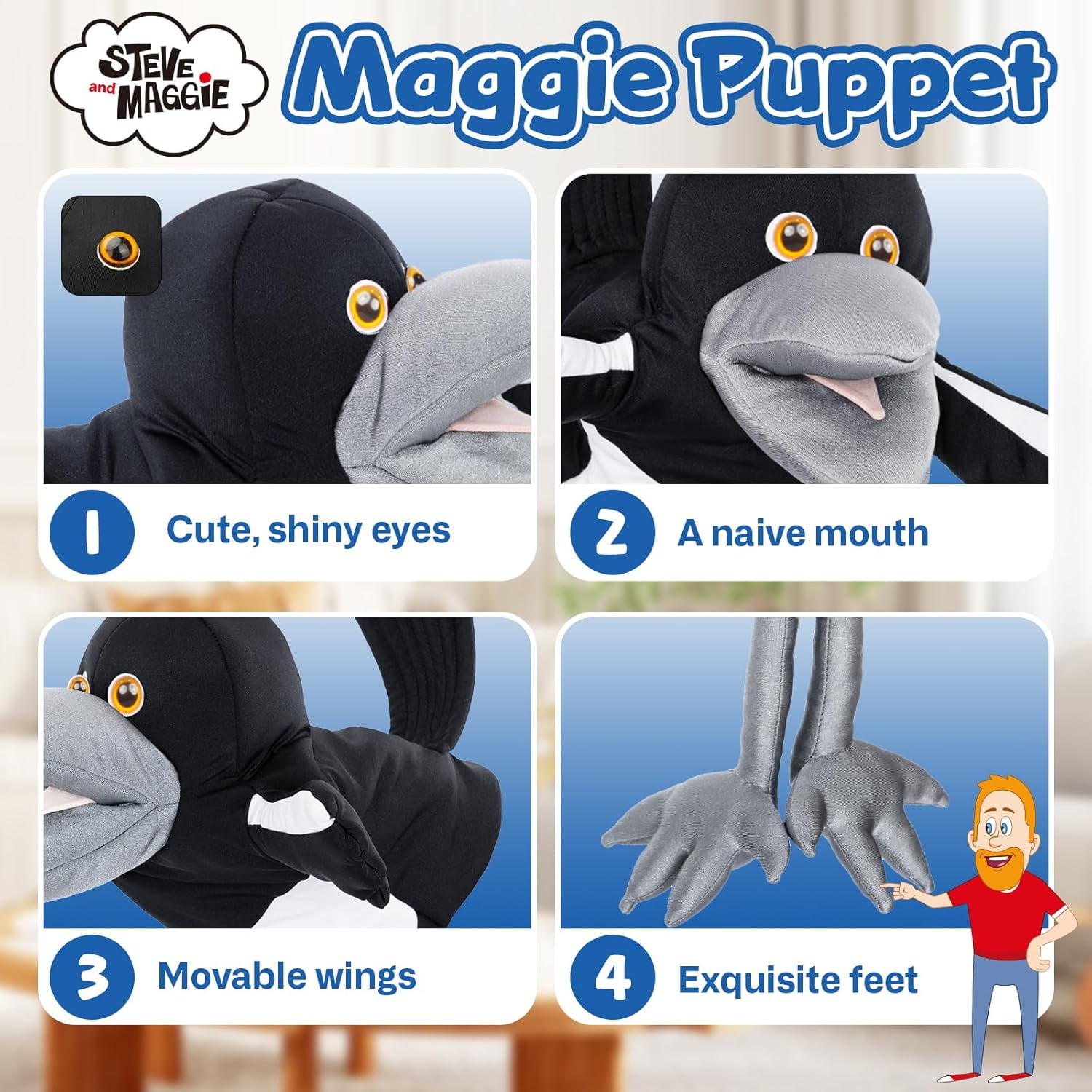 Interactive Plush Toy Puppet for Kids 1+, Soft Bird Puppet for Pretend ...