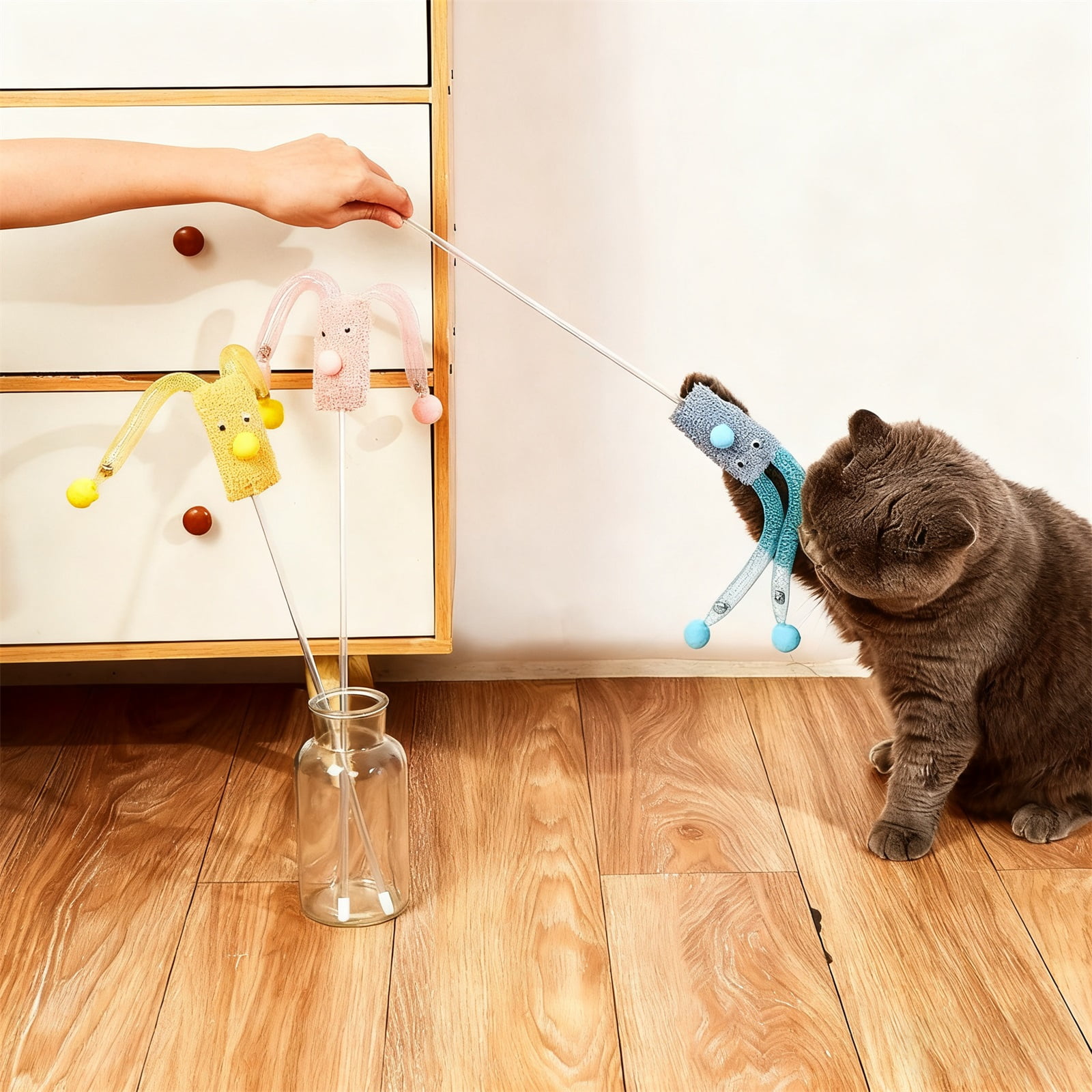 Interactive Teasing Stick Plush Cheese & Tassel Balls Toy, Safe Pet ...