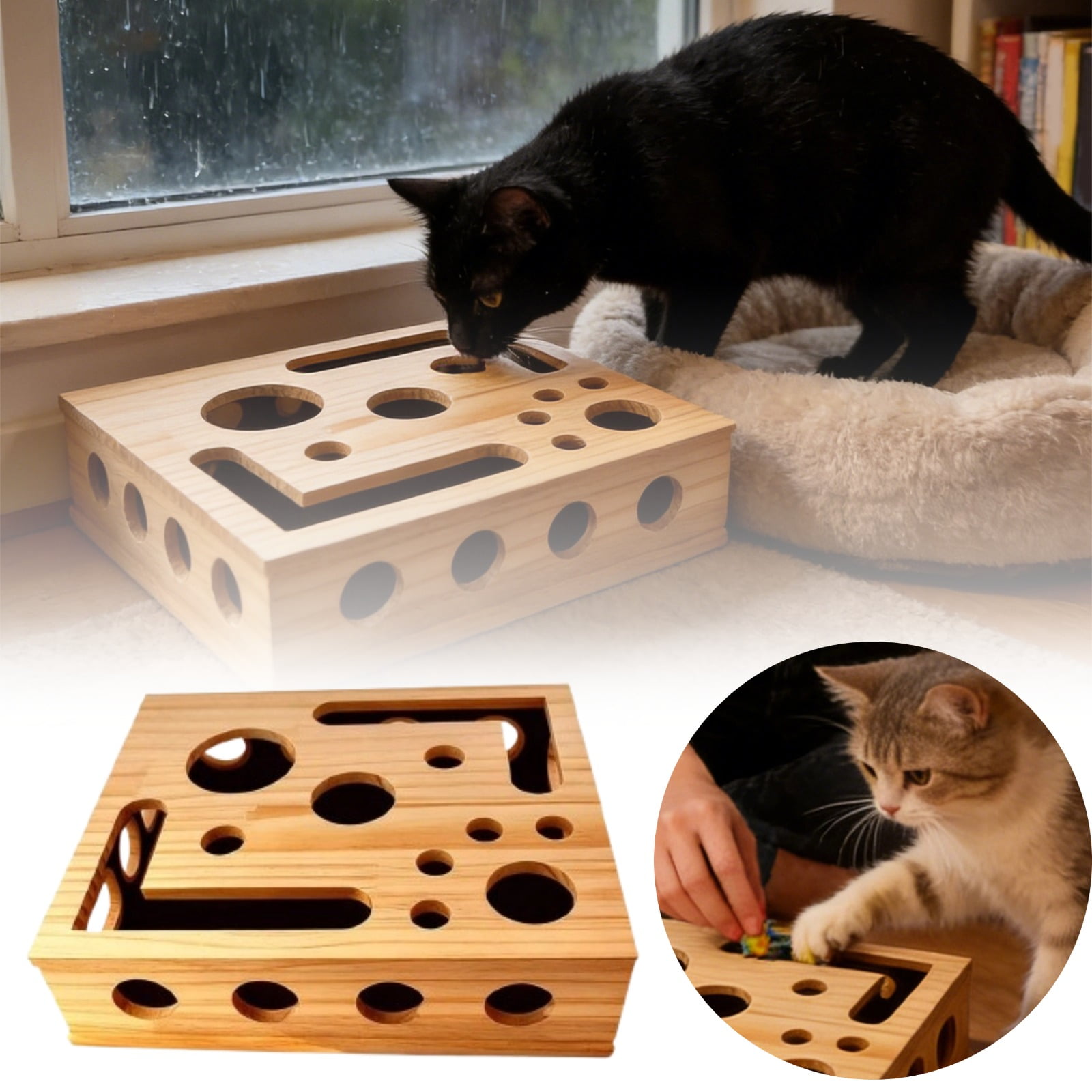 Interactive Wooden Cat Toy Box with Balls & Teaser Wand - Stimulating ...