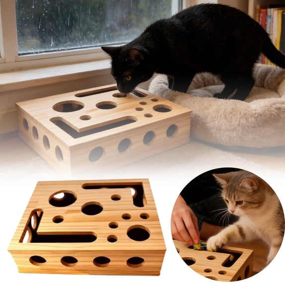 Interactive Wooden Cat Toy Box with Balls & Teaser Wand - Stimulating ...