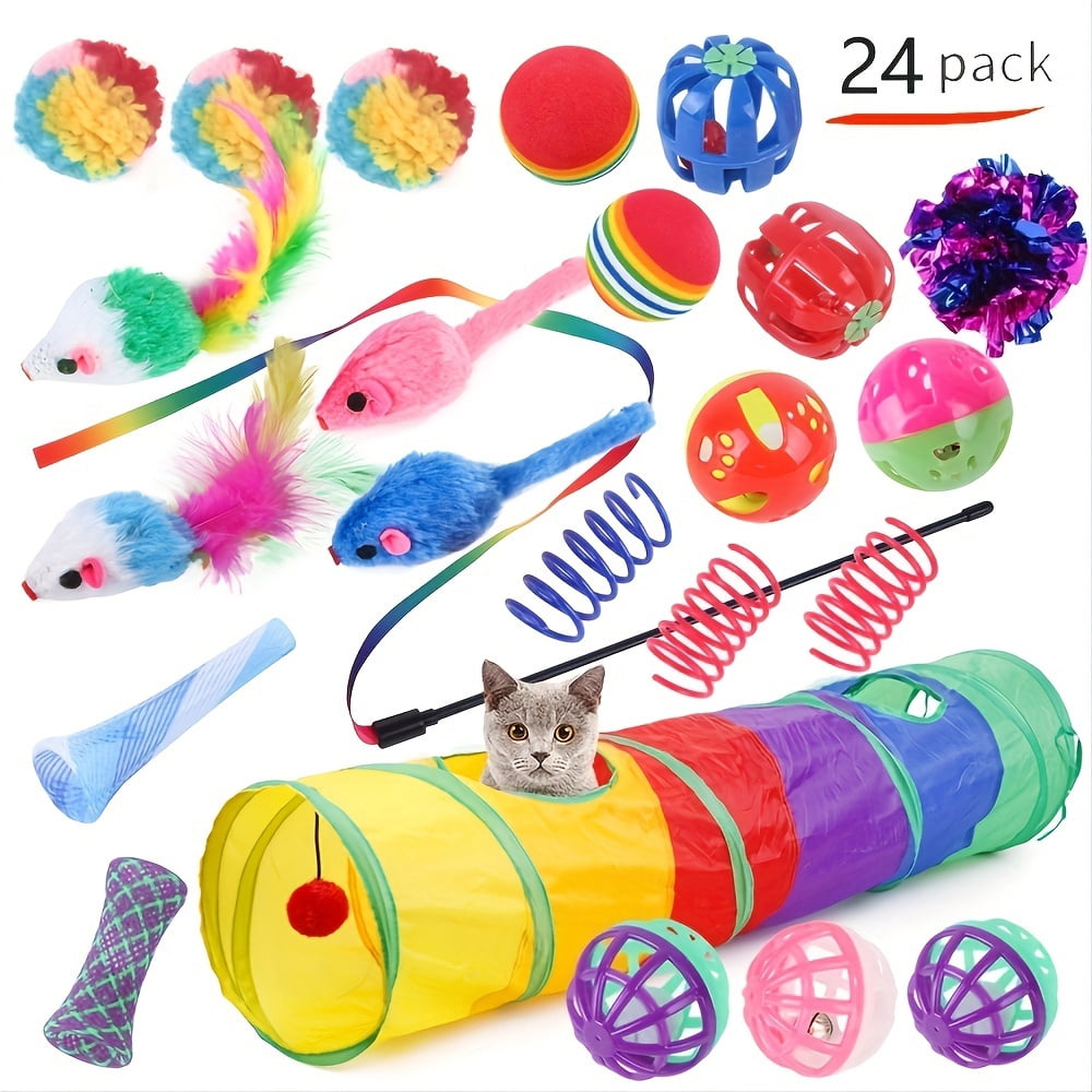 Interactive cat toy set, including tunnel, ball, mouse, spring, and ...