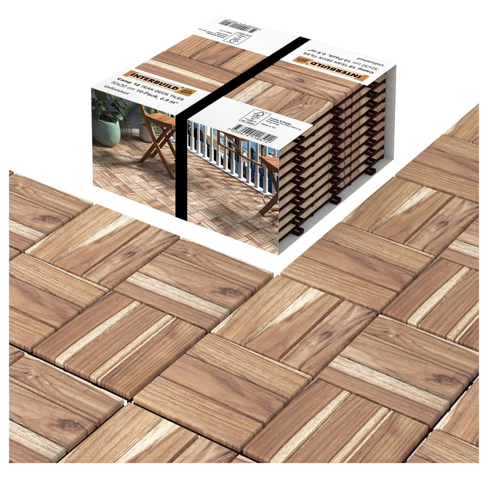 Interbuild Teak Hardwood Interlocking Patio Deck Tiles, 12" × 12" (Pack ...