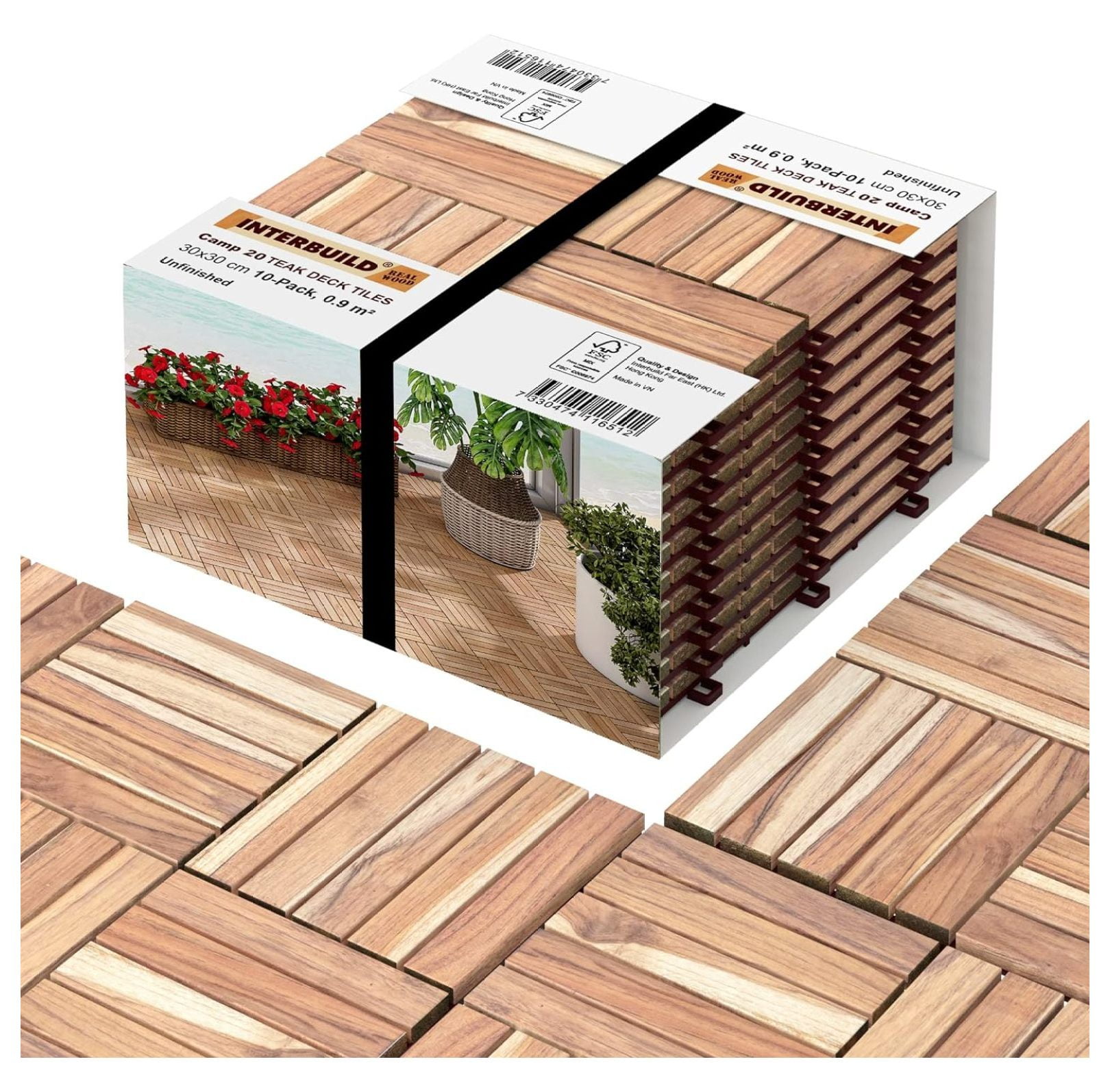 Interbuild Teak Hardwood Interlocking Patio Deck Tiles, 12" × (Pack of ...