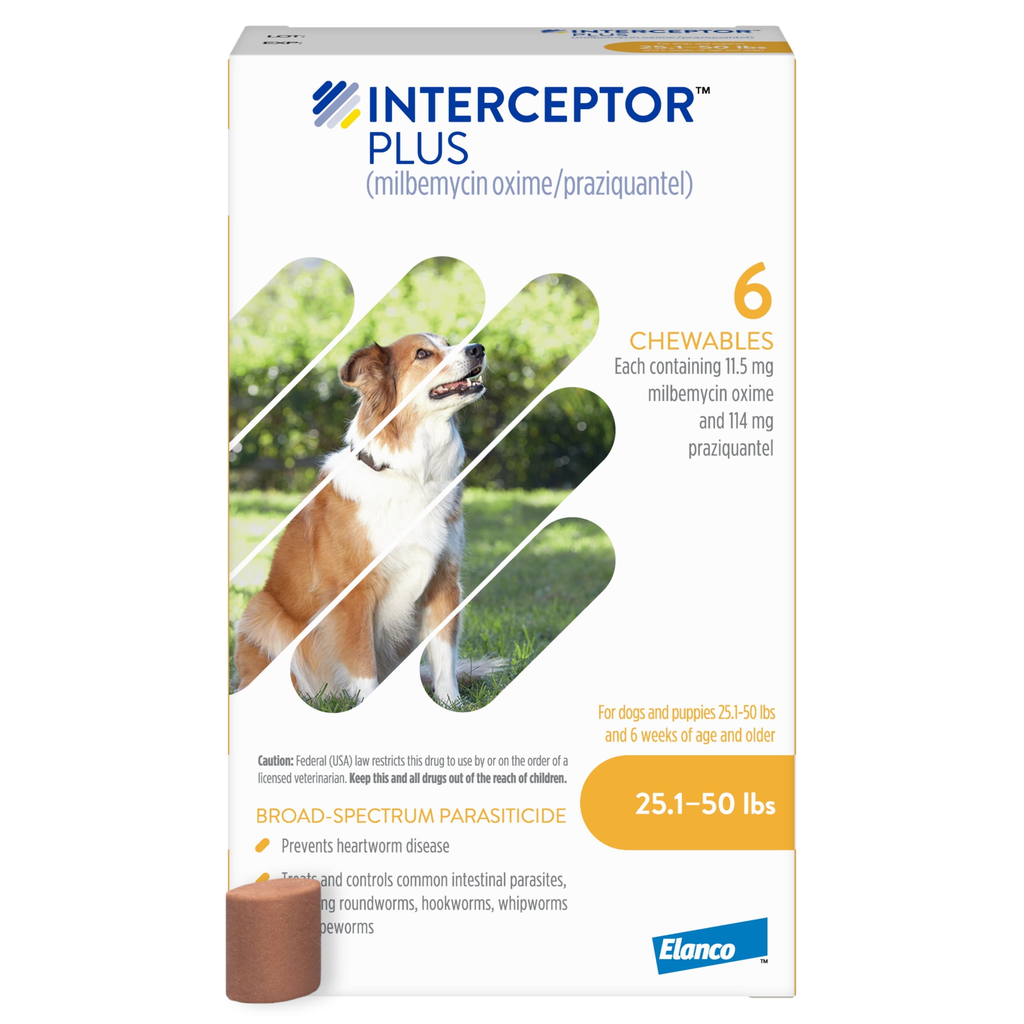 Interceptor Plus Chew for Dogs, 25.1-50 lbs, (Yellow Box), 6 Chewable ...
