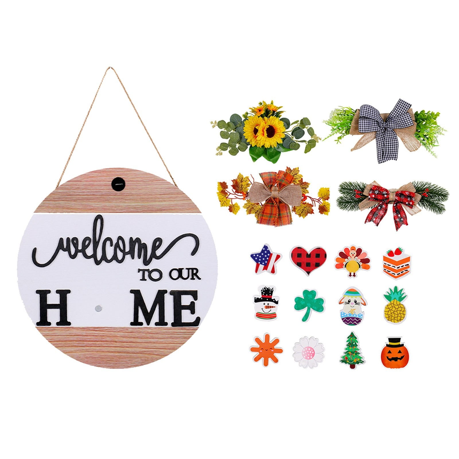 Interchangeable Rustic Wooden Welcome Sign with 4 Seasonal Wreaths & 12 ...