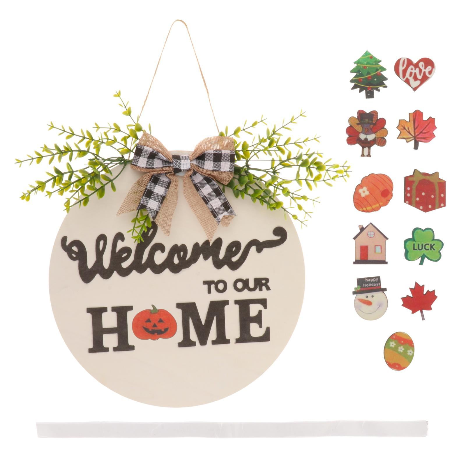 Interchangeable Seasonal Welcome Sign Round Wood Wreaths Wall Hanging ...
