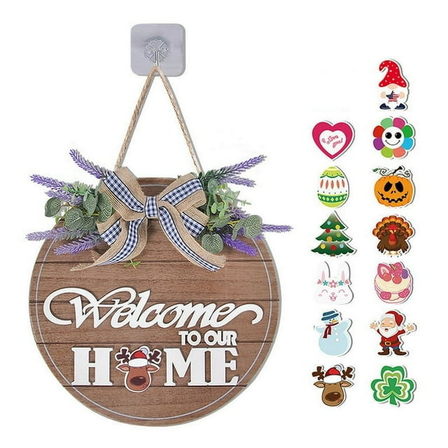 Interchangeable Welcome Home Sign with 13 Seasonal Icons, Rustic Wooden ...