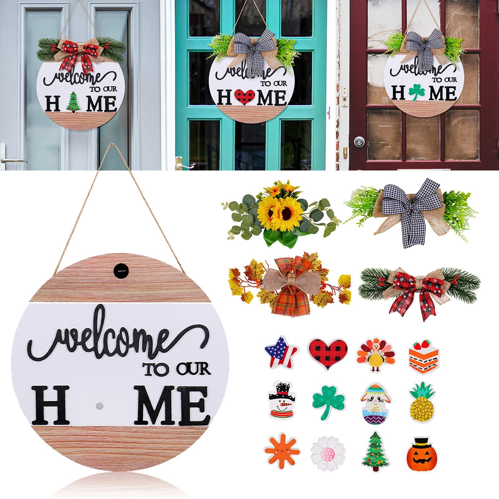 Interchangeable Welcome Sign For Front Door With 4 Seasonal Wreaths And ...