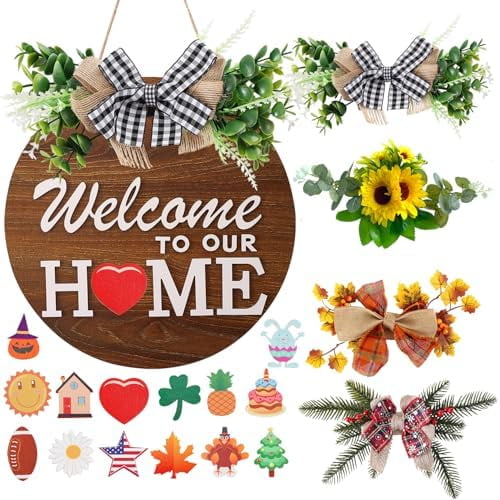 Interchangeable Welcome Sign for Front Door with 4 Seasonal Wreaths and ...