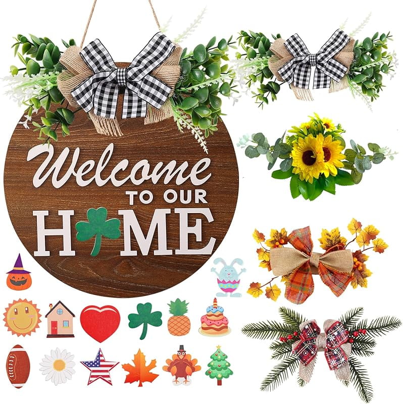 Interchangeable Welcome Sign for Front Door with 4 Seasonal Wreaths and ...